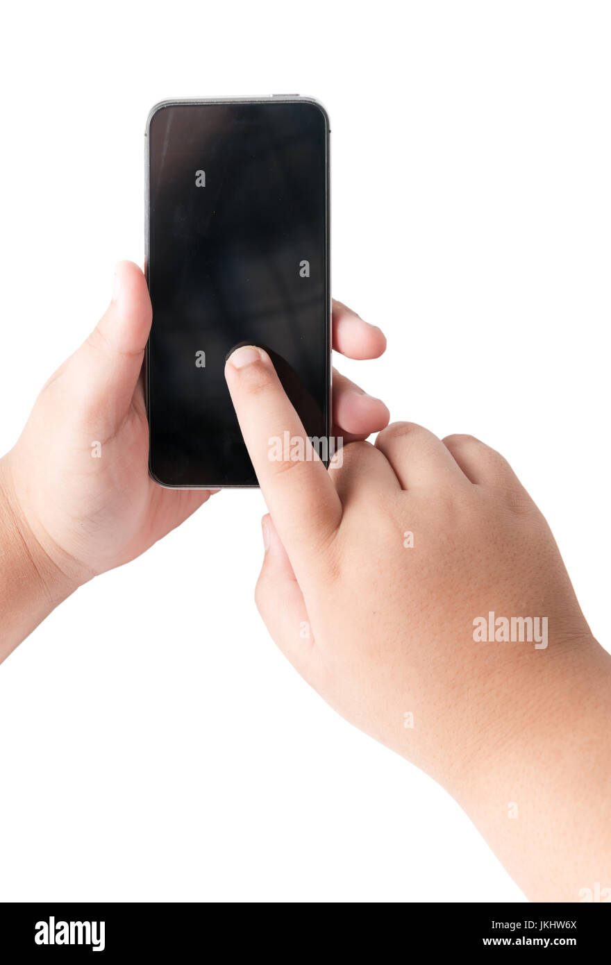 kid hand touch on mobile smart phone with blank screen isolated on ...