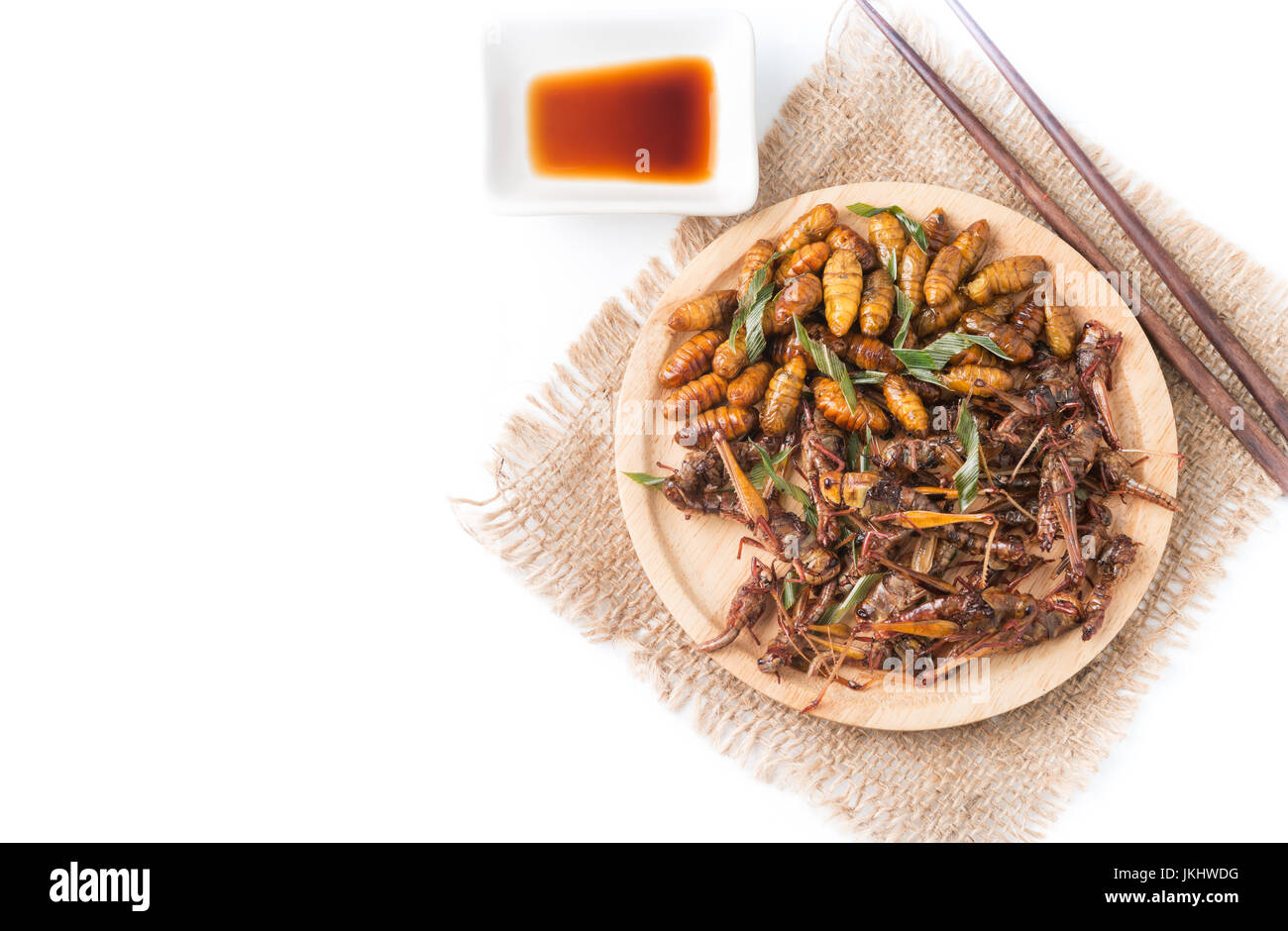 fried grasshoppers and Silkworm pupa isolated on white background on top view with copy space ...