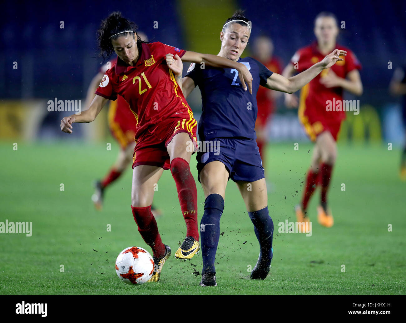 England's Lucy Bronze (right) and Spain's Leila Ouahabi (left) battle ...