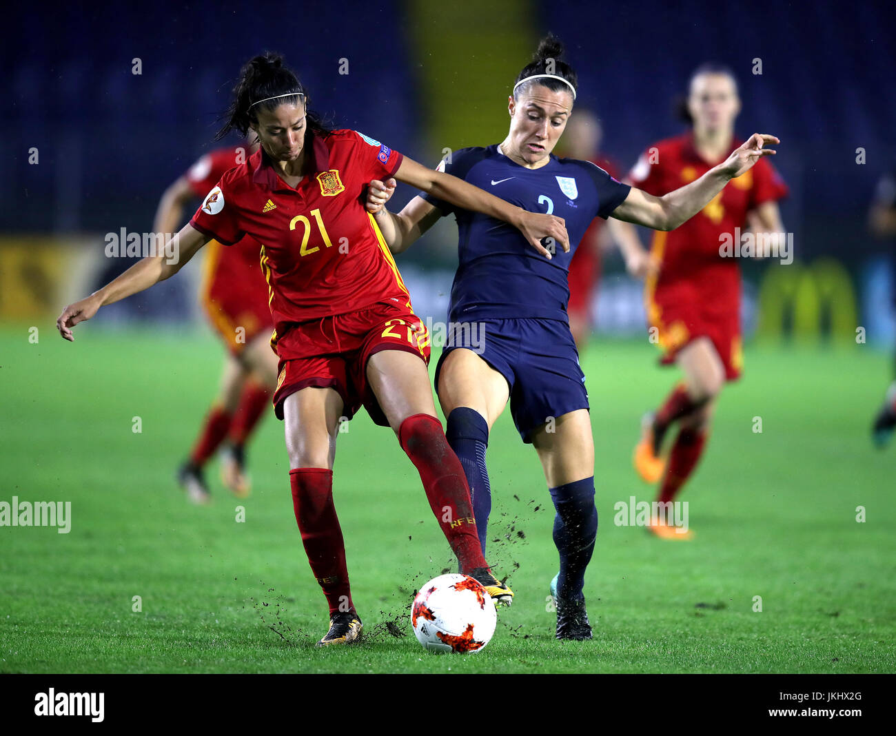 England's Lucy Bronze (right) and Spain's Leila Ouahabi (left) battle ...