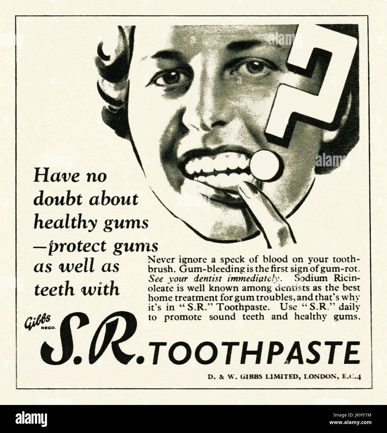 An advert for Gibbs SR toothpaste - it appeared in a magazine published ...