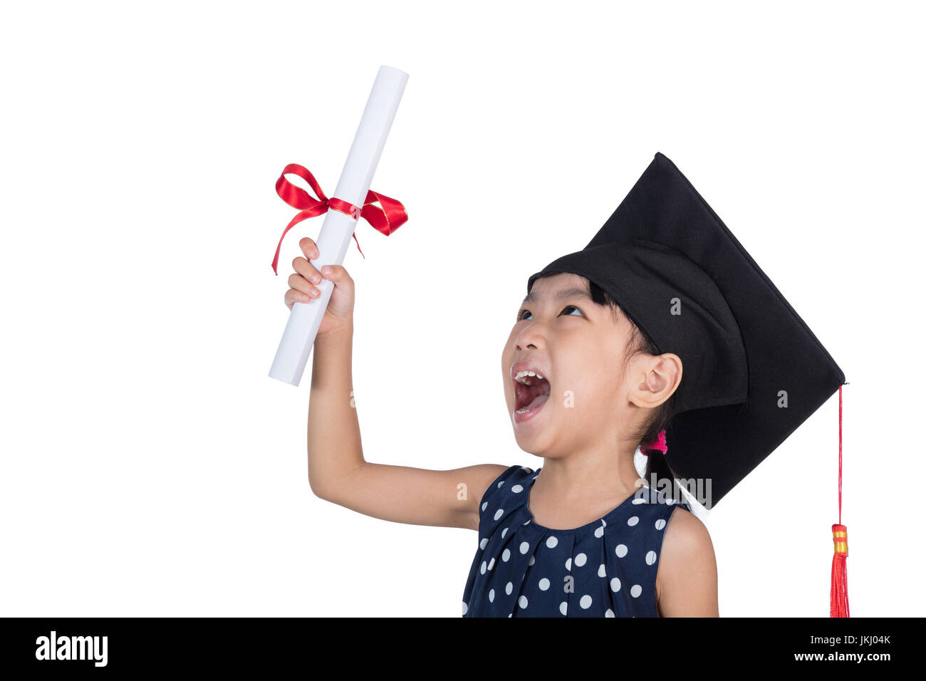 Asian Little Chinese girl wearing graduation cap and holding diploma in ...