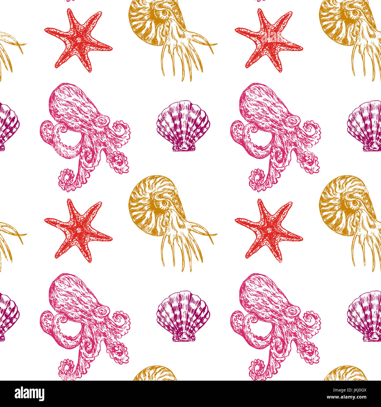 Sea stars, nautilus, octopus and sea shell, seamless pattern design ...