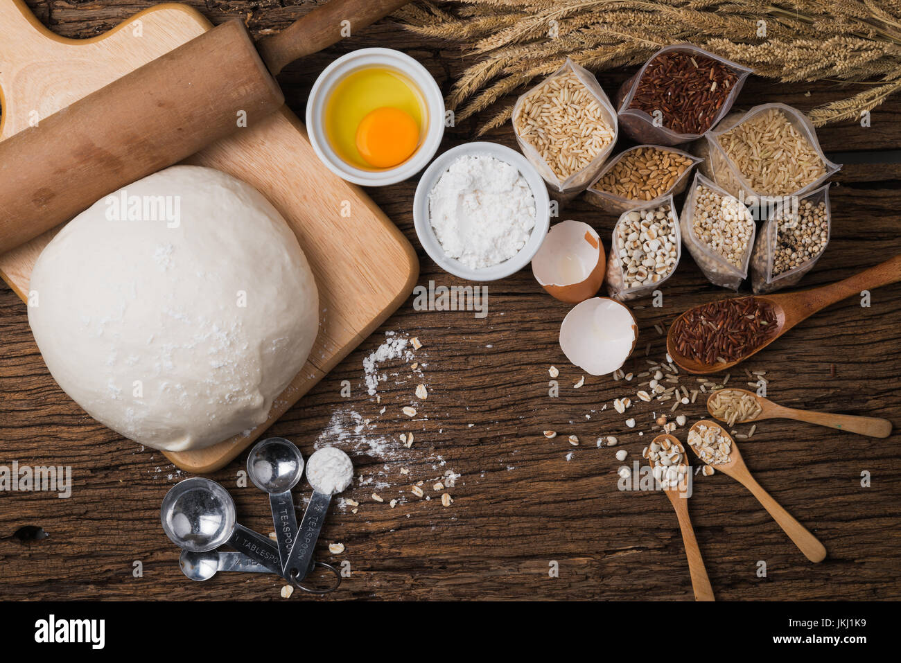 ingredient of bread grains on wood background, Low Key Tone Stock Photo ...