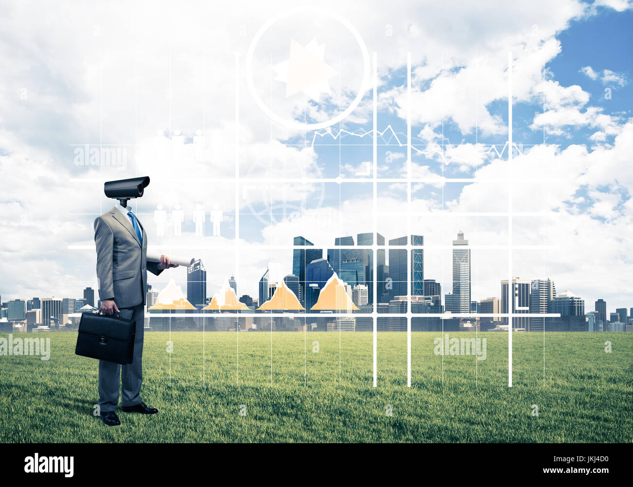 Camera headed man standing on green grass against modern citysca Stock ...