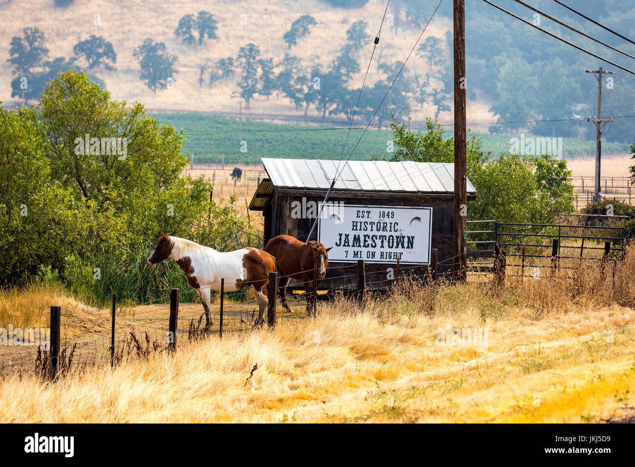A sign for historic Jamestown California in the Gold Country along ...