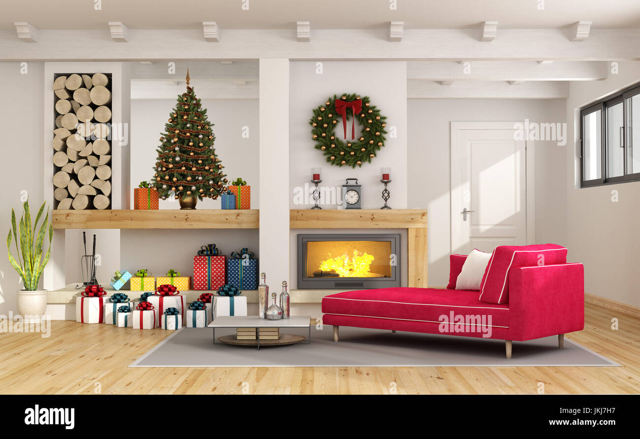 Living room with christmas tree, fireplace and red chaise lounge - 3d ...