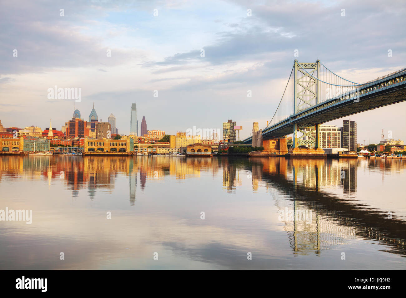 Philadelphia cityscape at sunrise with the Delaware river Stock Photo ...