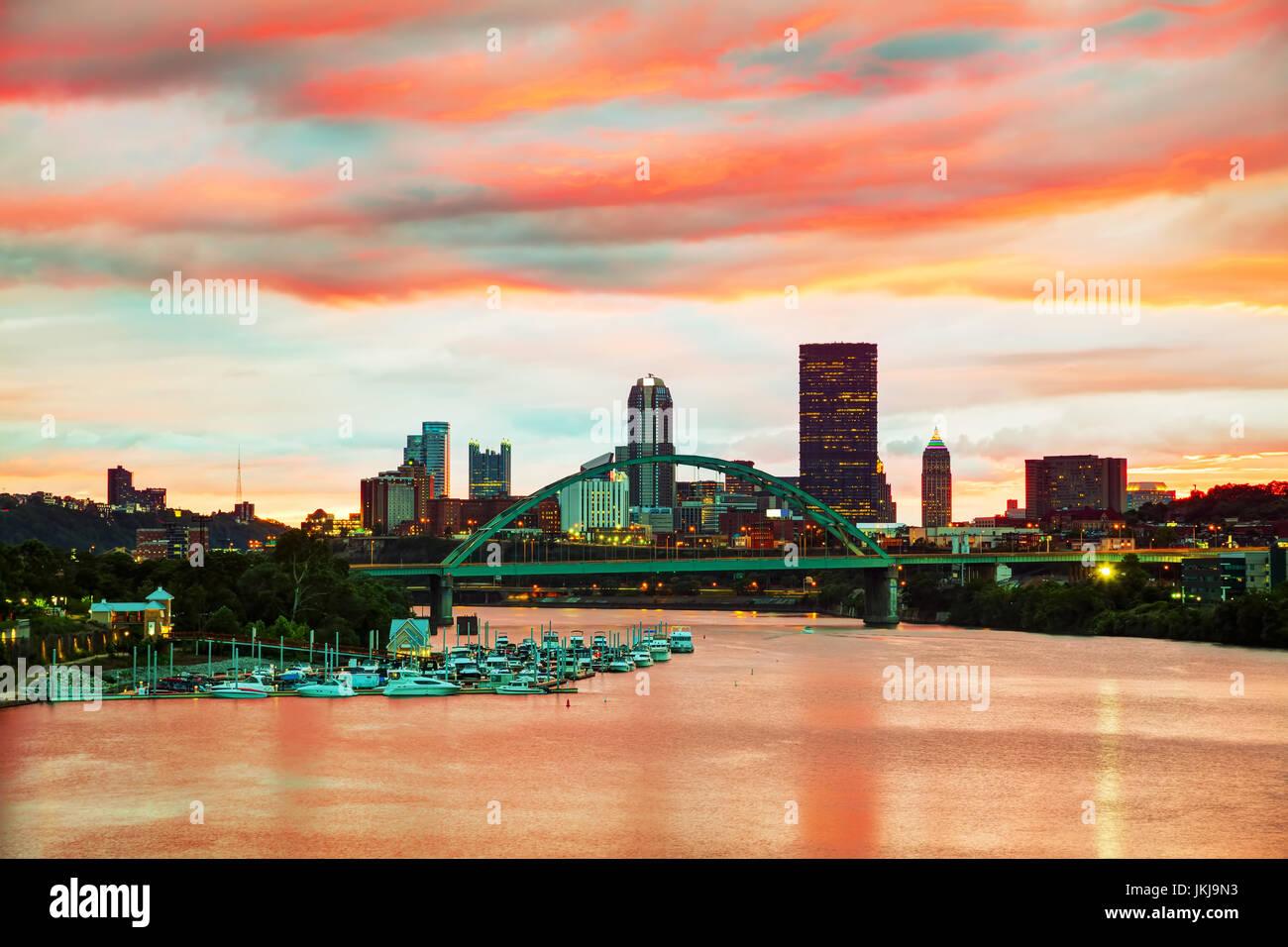 Pittsburgh cityscape with the Ohio river in the evening Stock Photo - Alamy