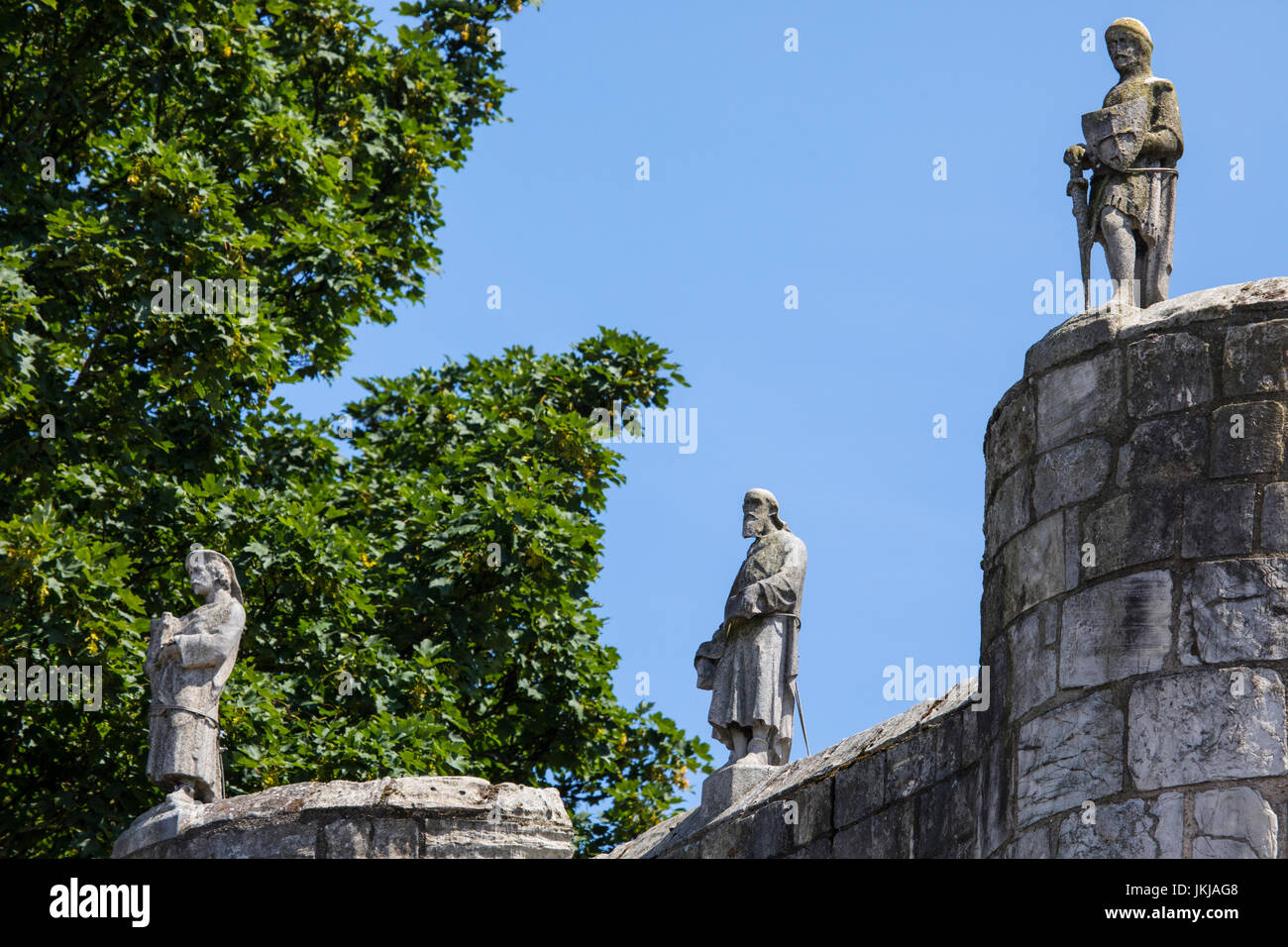 Sculptures on the top of the historic Bootham Bar in York, UK. Bootham ...