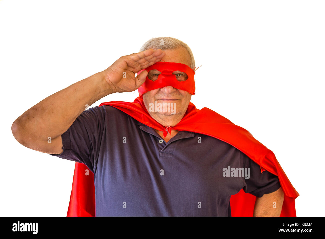 soldier saluting by old man wearing superhero costume with red cape and ...