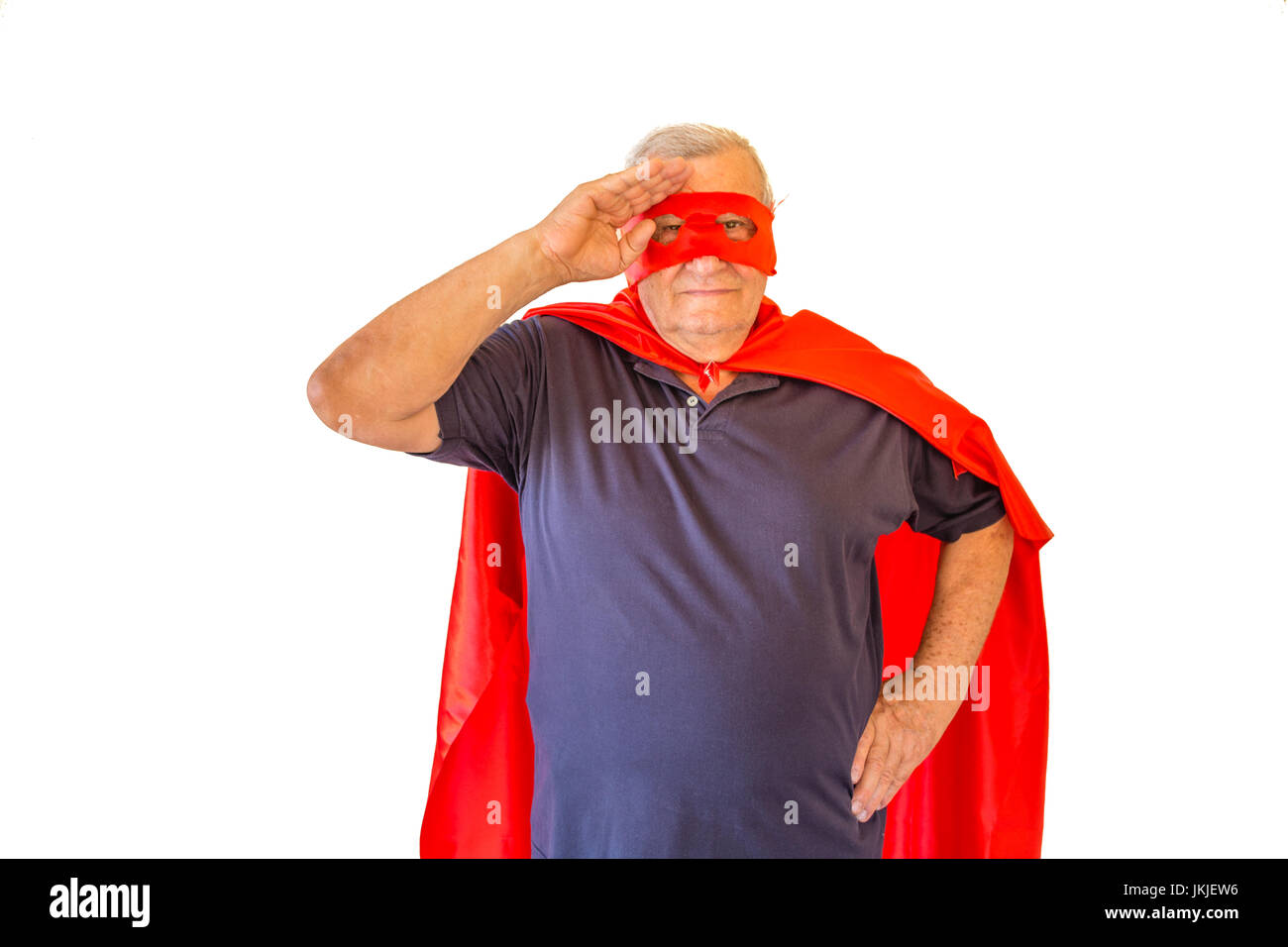 soldier saluting by old man wearing superhero costume with red cape and ...