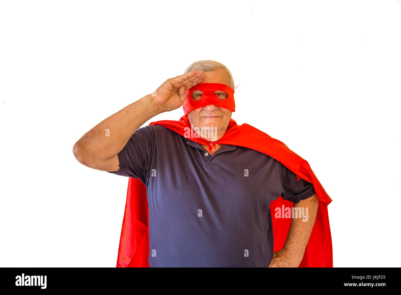 soldier saluting by old man wearing superhero costume with red cape and ...