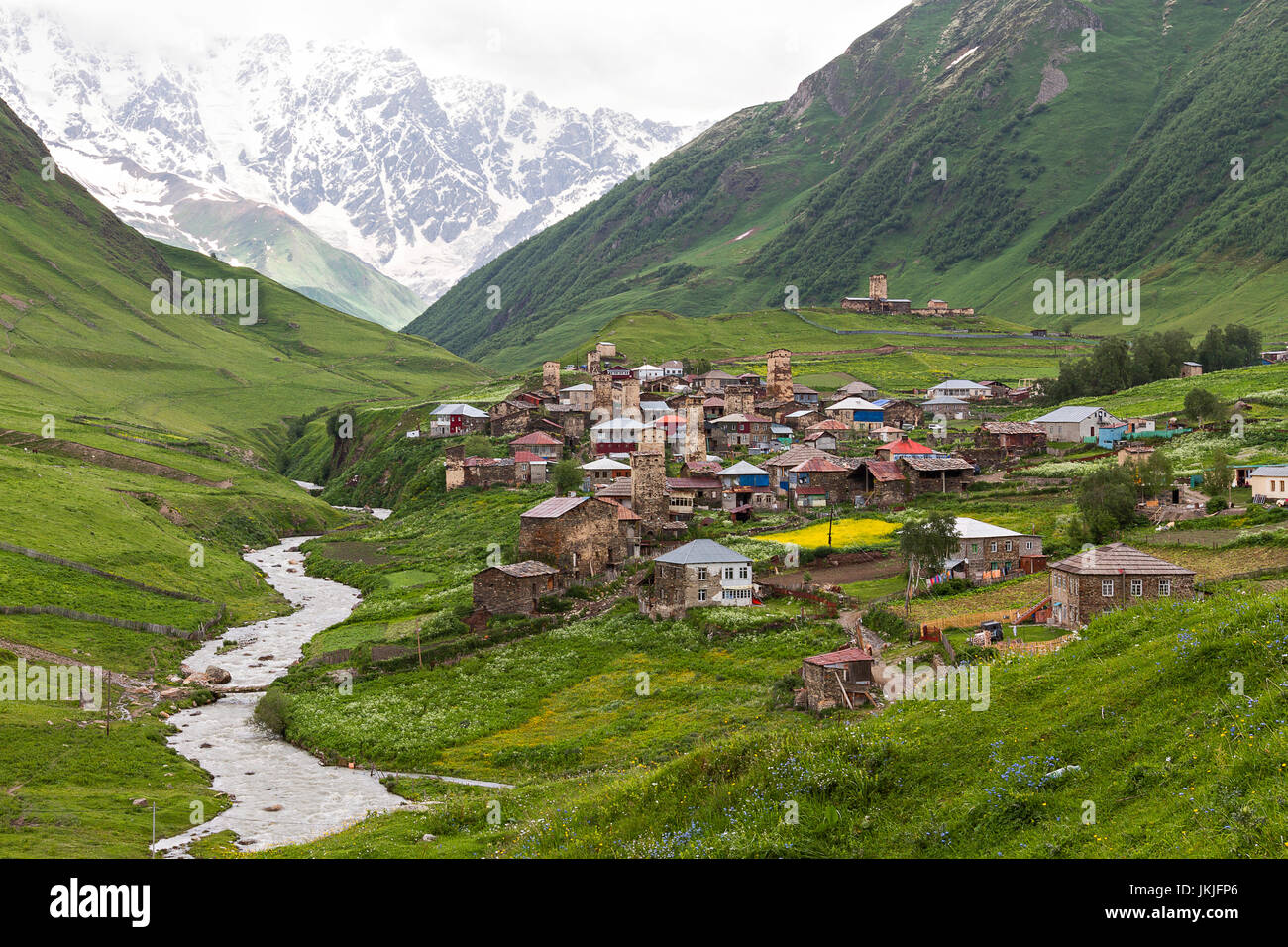 Medieval towers and houses of the village Ushguli, in the Caucasus ...