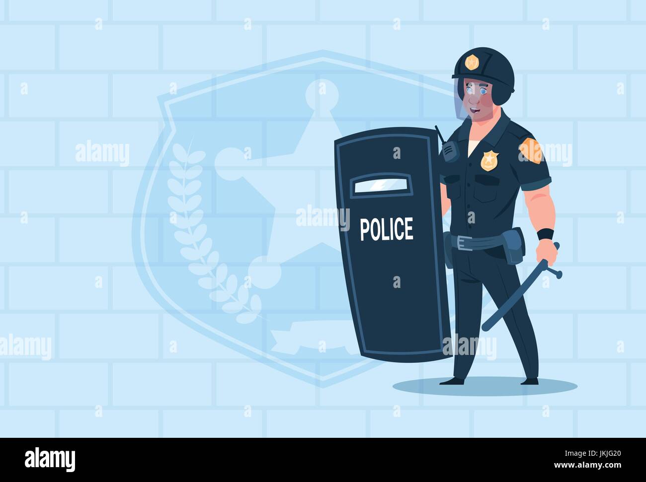 Policeman Hold Shield Wearing Helmet Uniform Cop Guard Over Brick ...