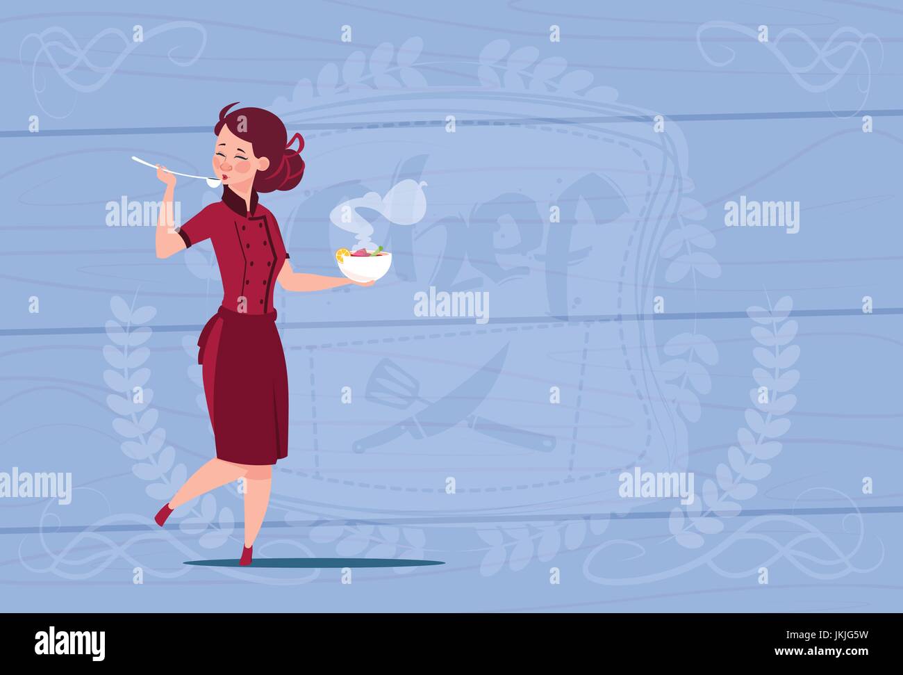 Female Chef Cook Tasting Soup Cartoon Chief In Restaurant Uniform Over ...