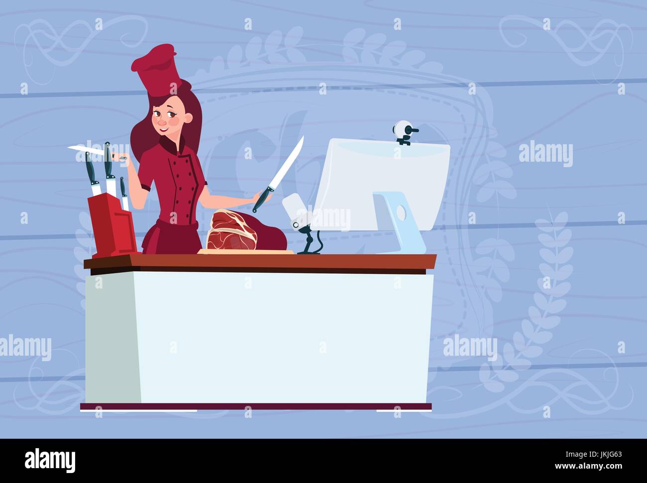 Female Chef Cooking In Front Of Web Camera On Computer Making Culinary ...