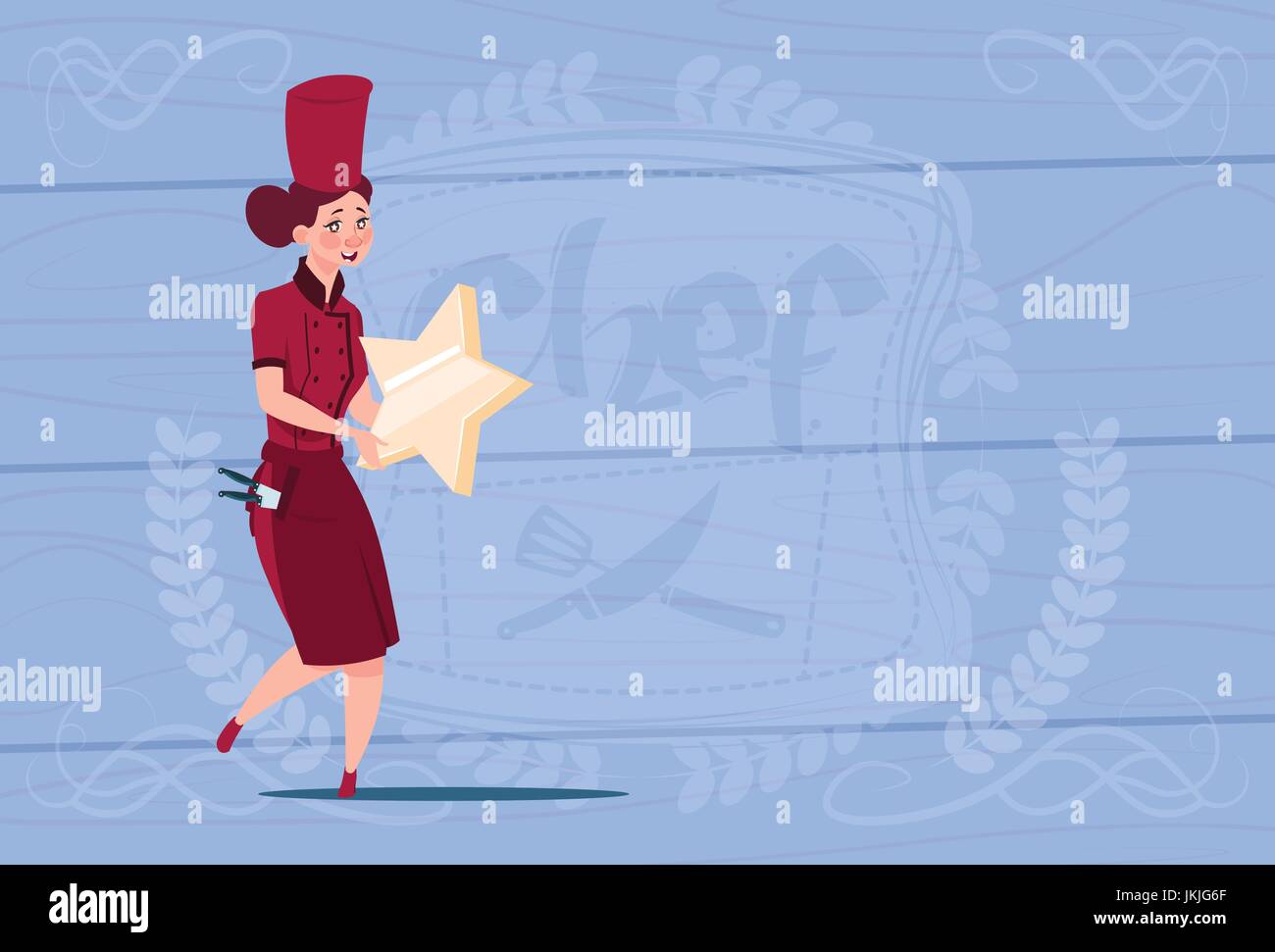 Female Cook Holding Star Best Chef Award Happy Cartoon Chief In ...