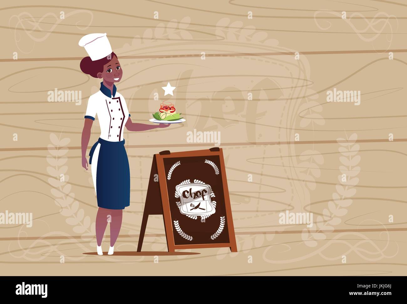 Female African American Chef Cook Holding With Salad Smiling Cartoon In ...