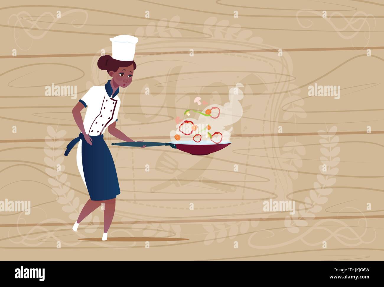 Female African American Chef Cook Holding Frying Pan Cartoon In ...