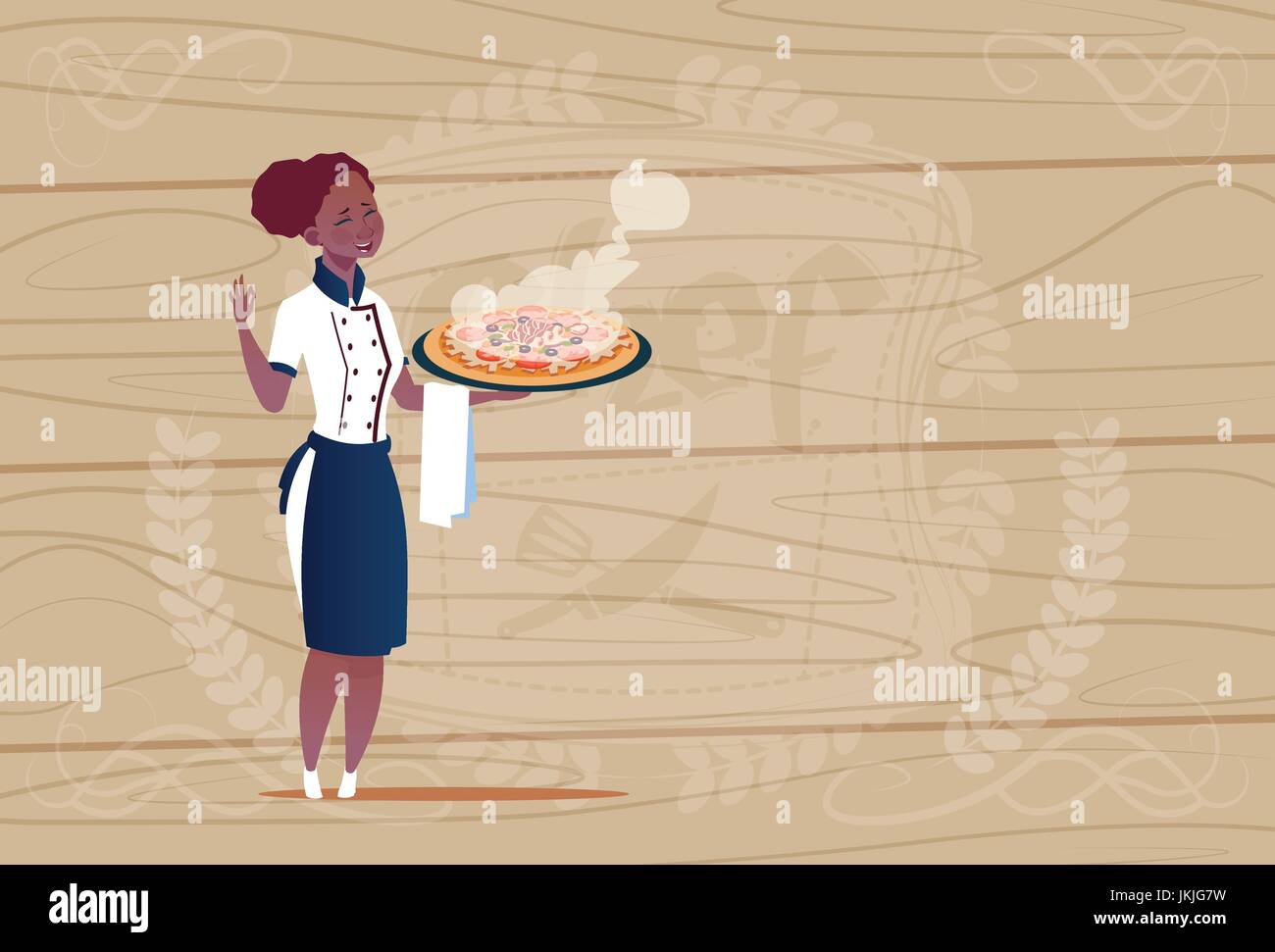 Female African American Chef Cook Holding Pizza Cartoon Chief In ...