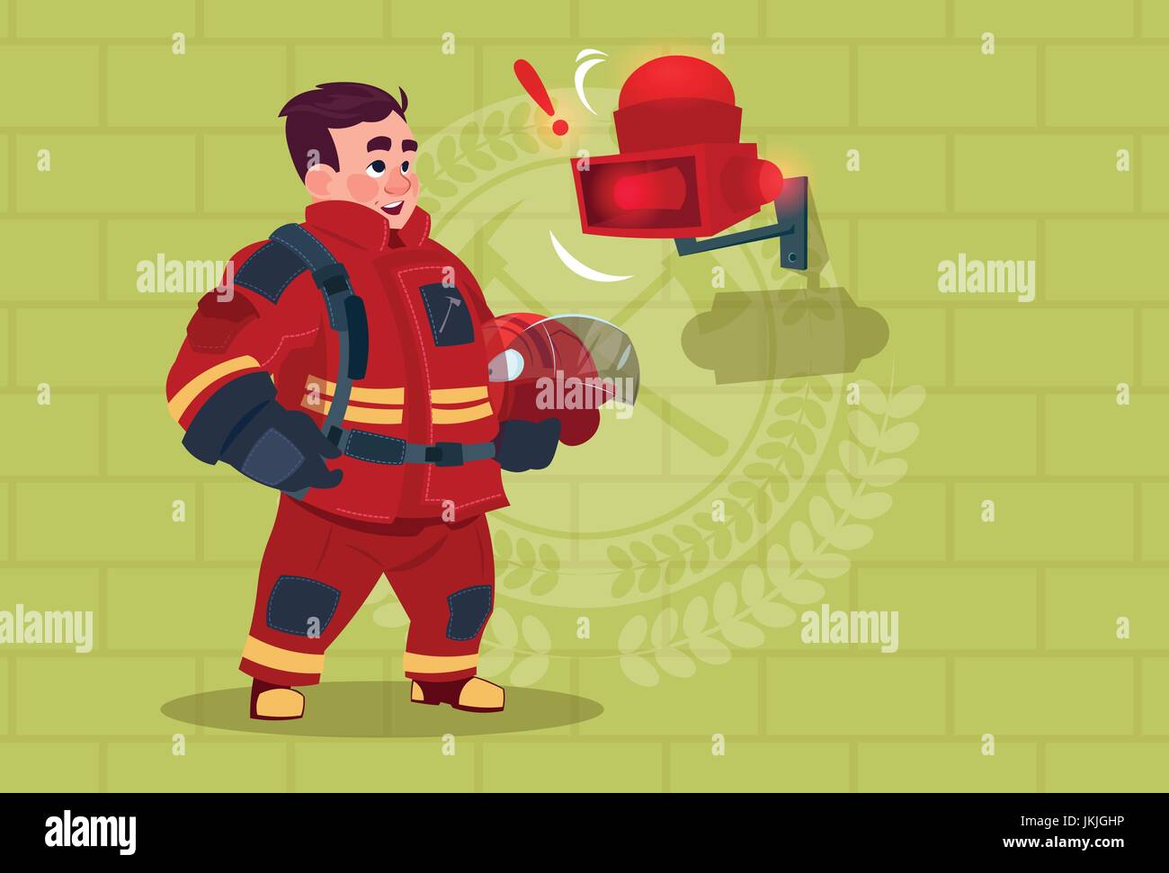 Fireman Hear Alarm Wearing Uniform Hold Helmet Ready Fire Fighter Stand ...