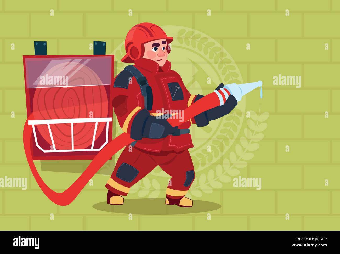 Fireman Holding Hose Wearing Uniform And Helmet Adult Fire Fighter Over ...