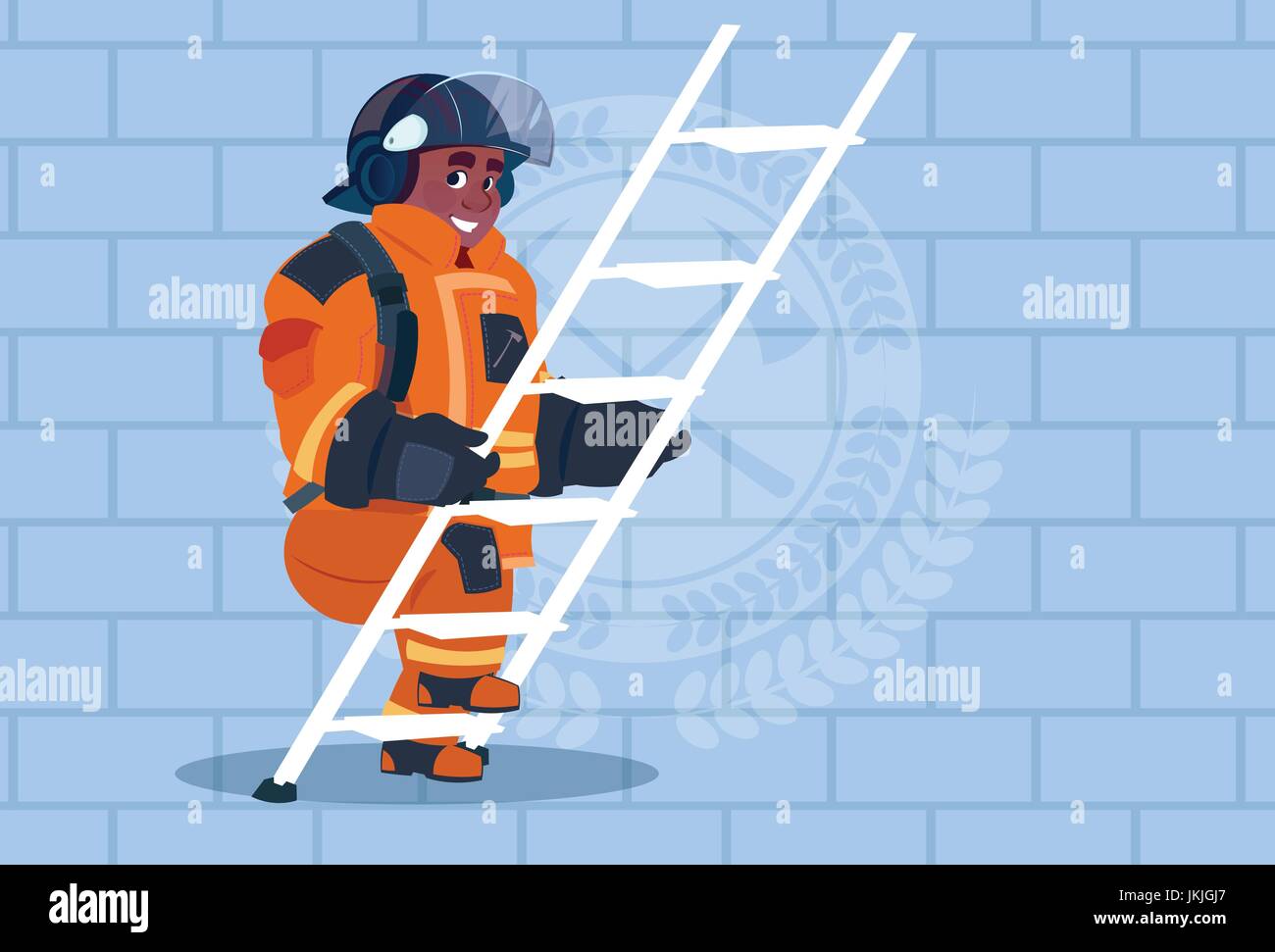 African American Fireman Climb Ladder Up In Uniform And Helmet Adult ...