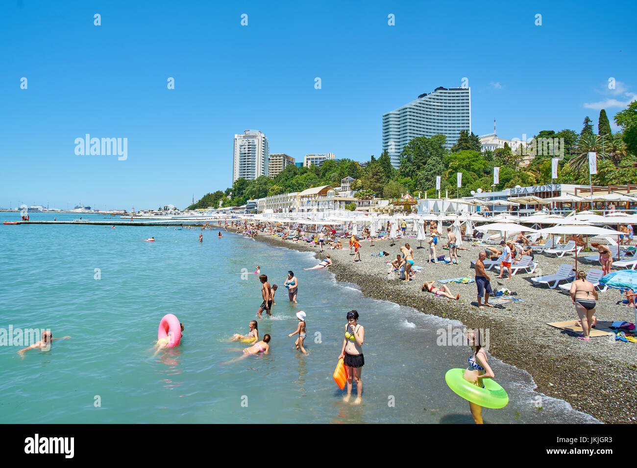 Sochi, Russia - 06 July, 2017. Beach Mayak. View of the beach in Sochi ...