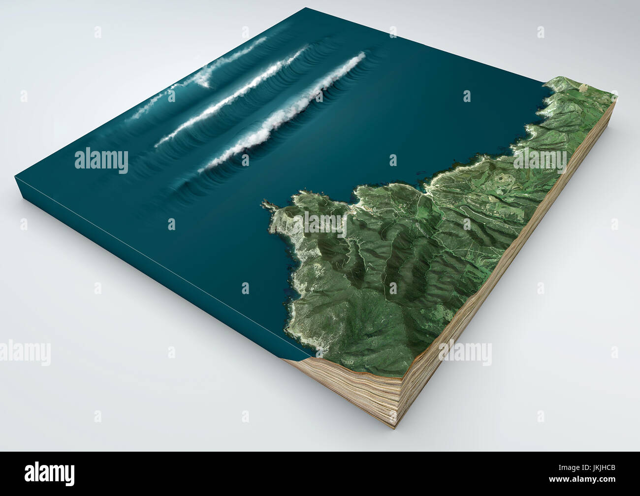 Tsunami, abnormal wave, wave formation. 3d split of a ground section ...