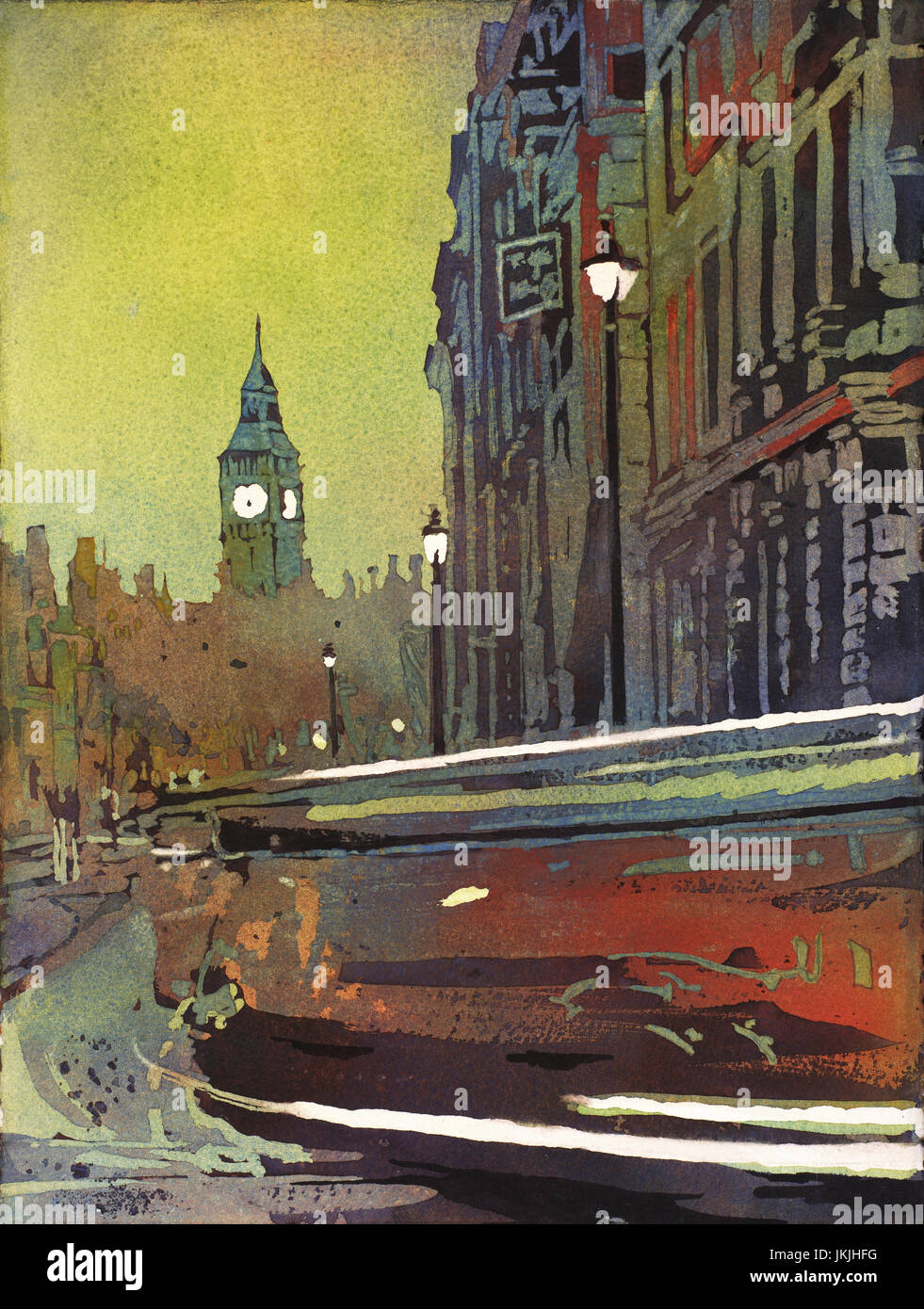 Fine art poured watercolor painting of Big Ben rising above buildings near Trafalgar Square at ...