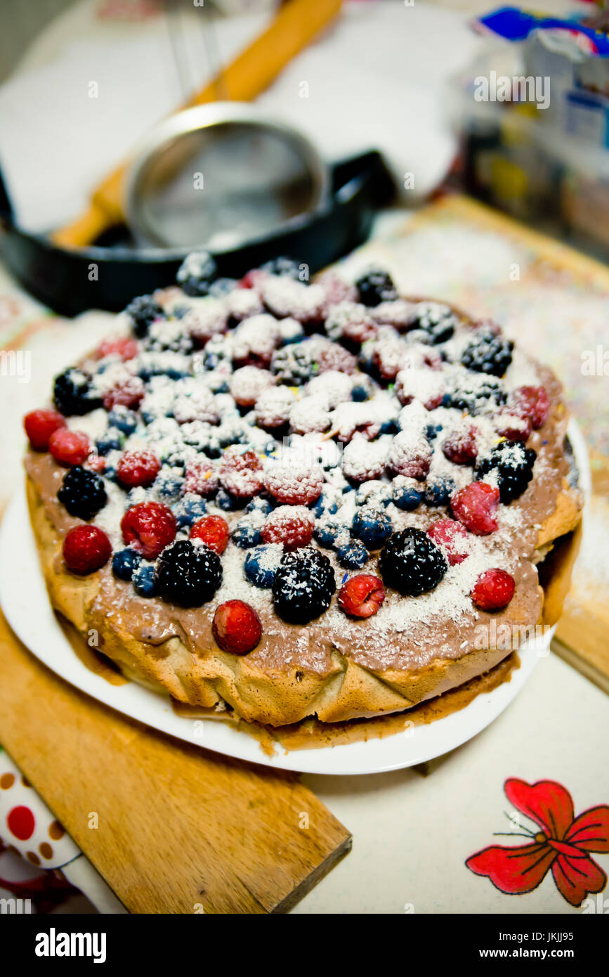 Fresh homemade forest fruits cake with wild fresh blueberries and ...