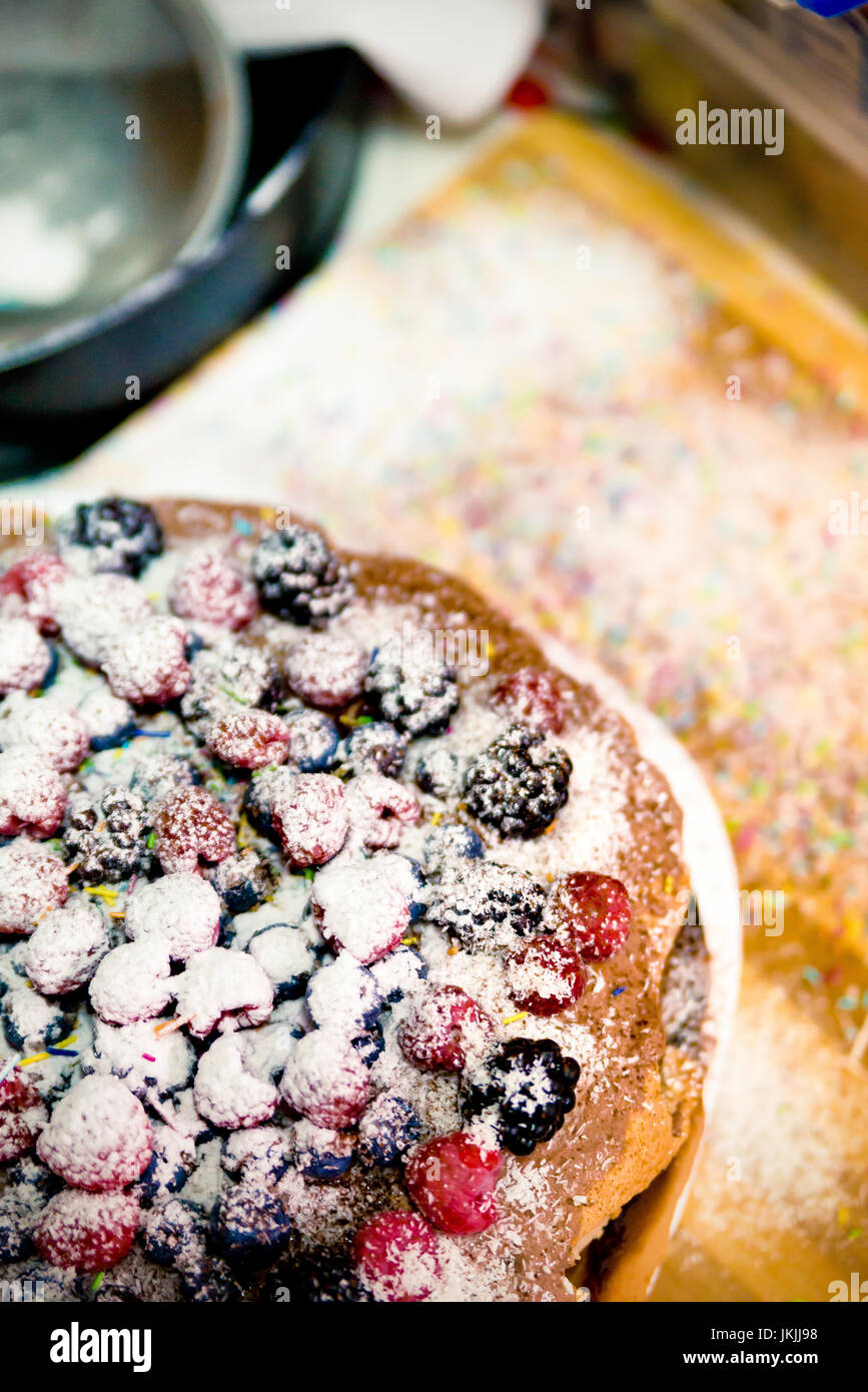 Fresh homemade forest fruits cake with wild fresh blueberries and ...