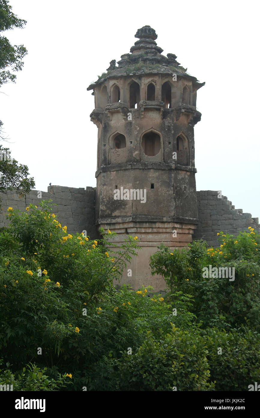 Historical, artistically designed watch tower in the corner of compound ...