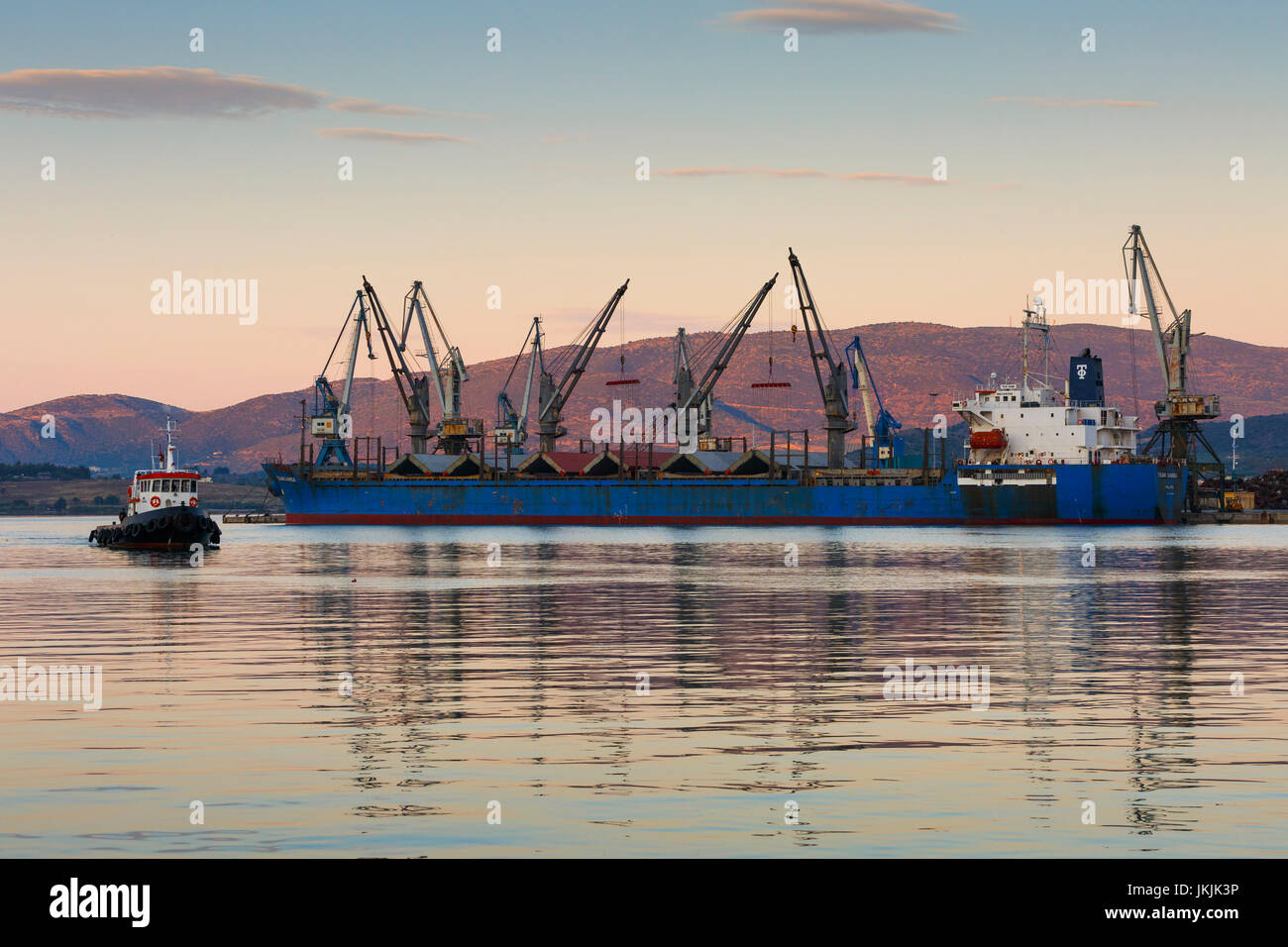 Cargo ship in the port of Volos city as seen early in the morning Stock ...