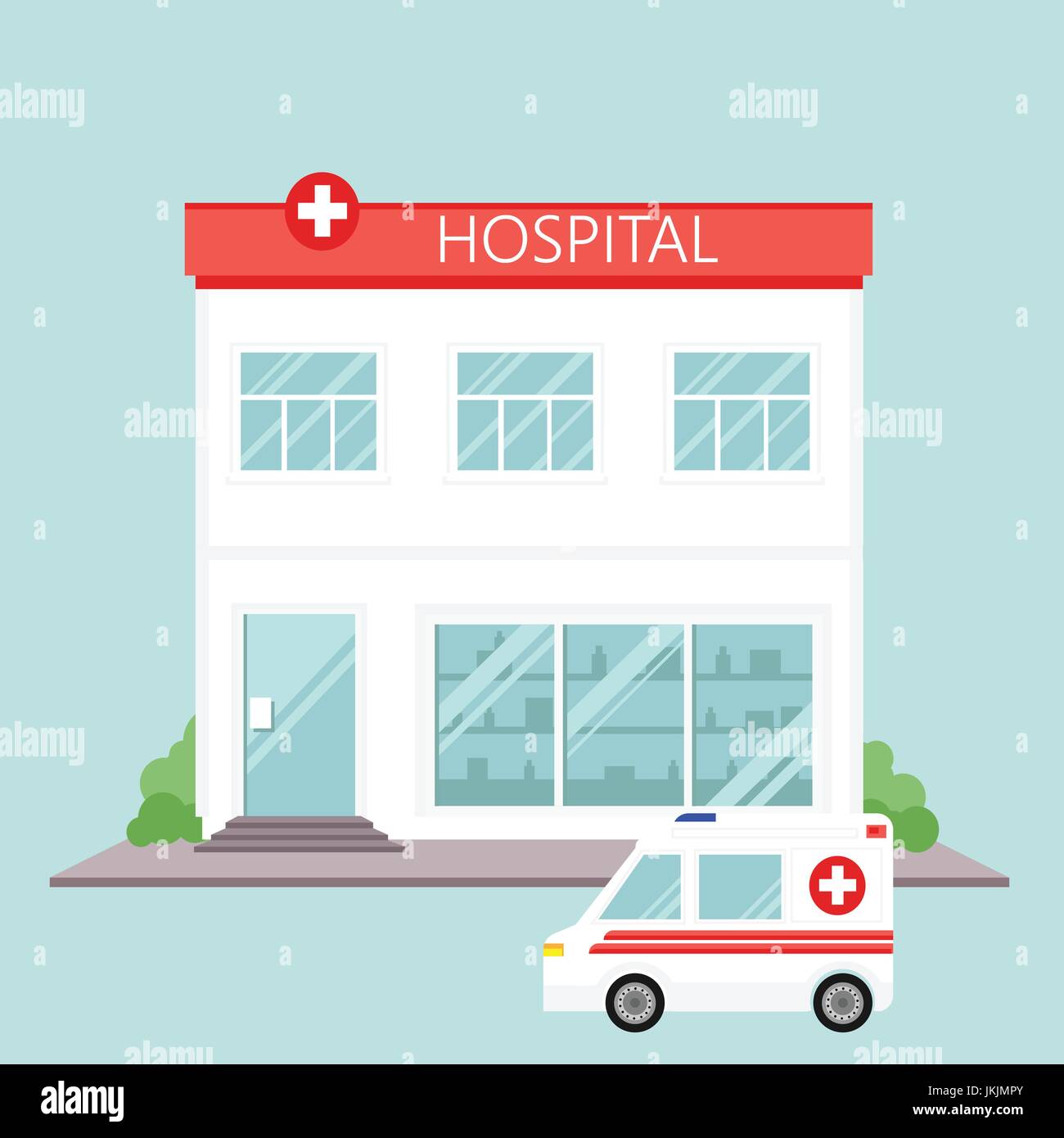 Vector illustration city hospital building and ambulance car in flat ...