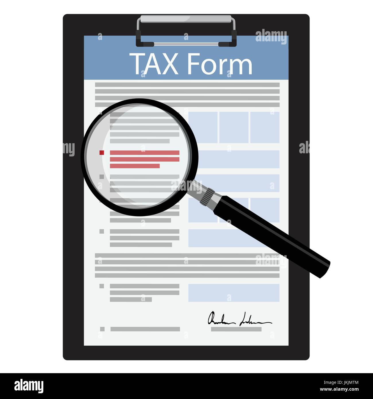 Vector illustration black clipboard with tax form and magnifying glass ...