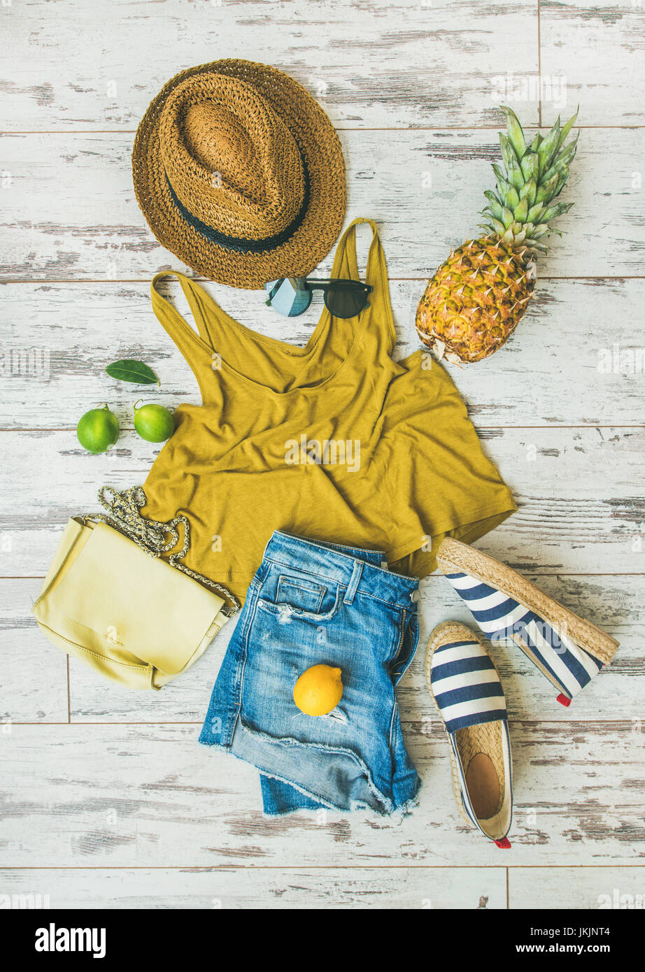 Colorful summer fashion outfit flat-lay over pastel background Stock ...