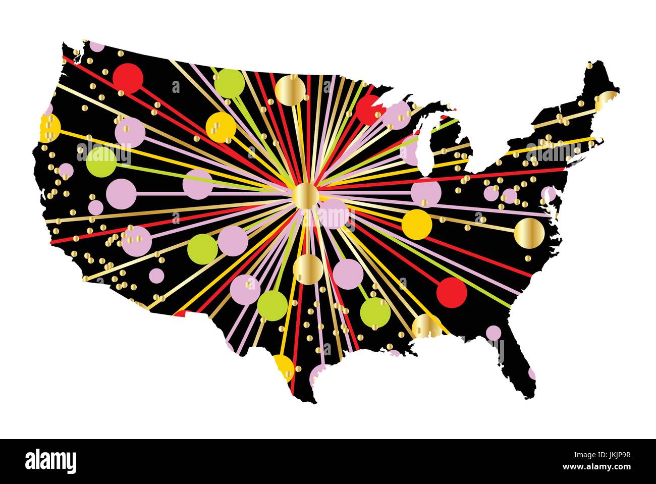 A map of the United States of America in silhouette in a bright ...