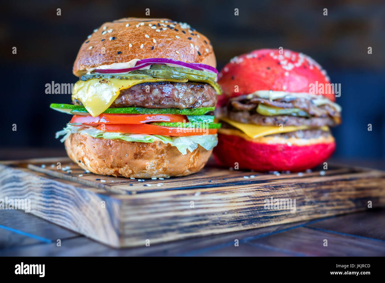 Homemade hamburger with red bun Stock Photo - Alamy