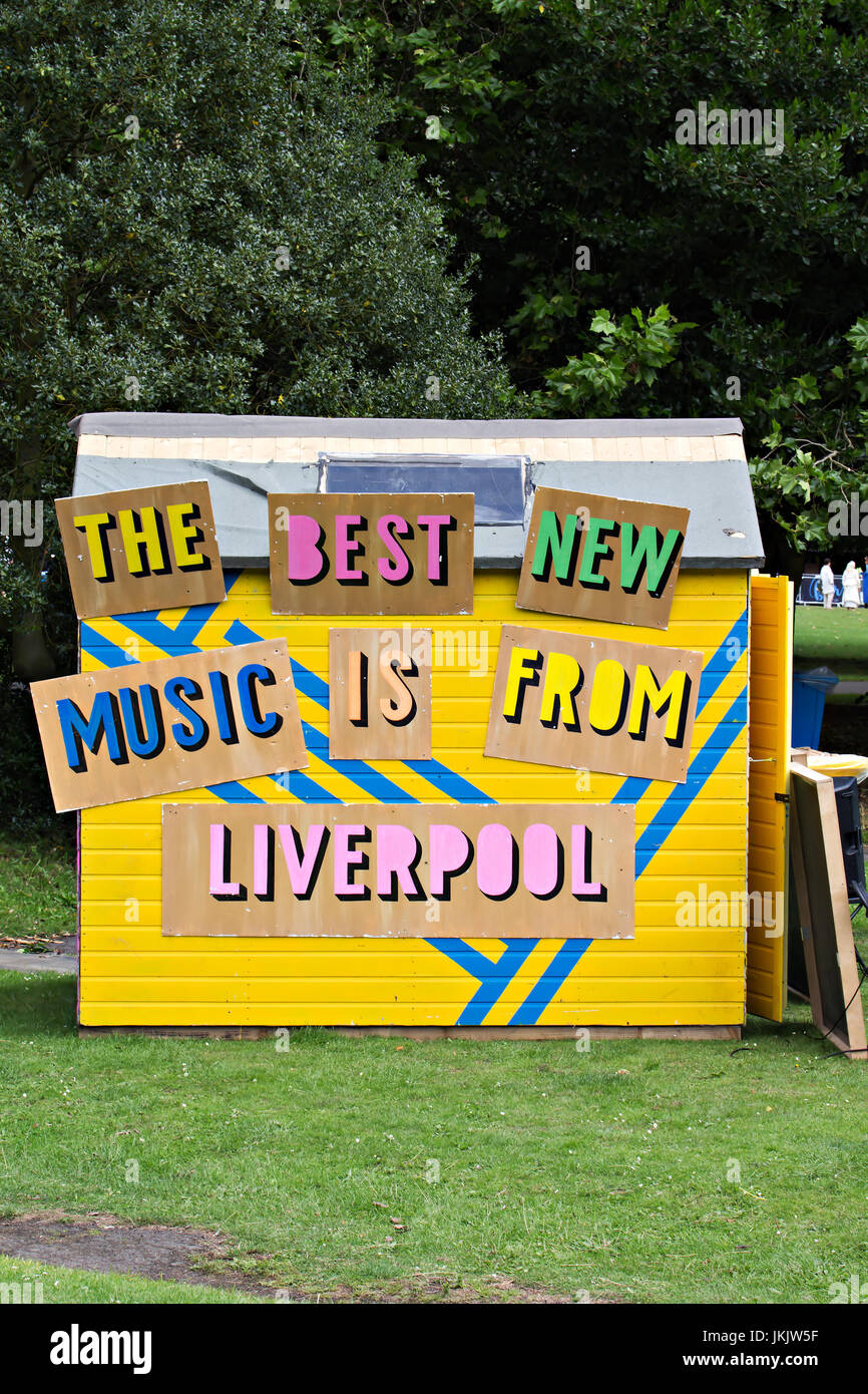 The Best New Music is From Liverpool signs on a yellow garden shed at ...