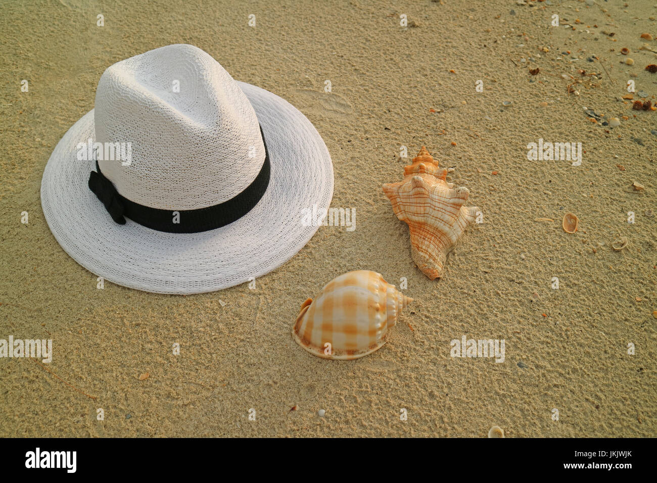 White straw hat on the sand beach with two types of beautiful natural ...
