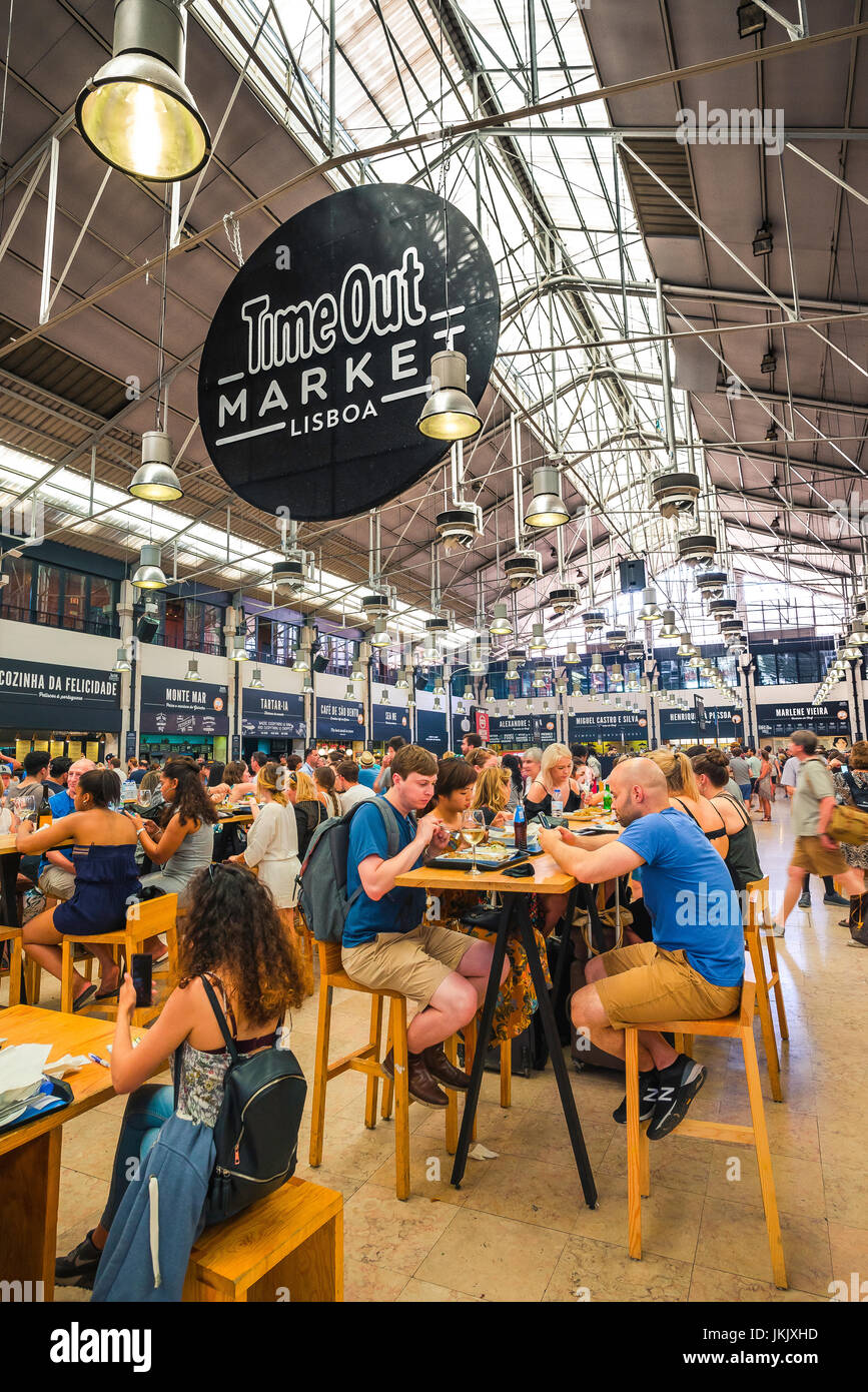 Lisbon Mercado da Ribeira, view of people seated in the popular Time ...