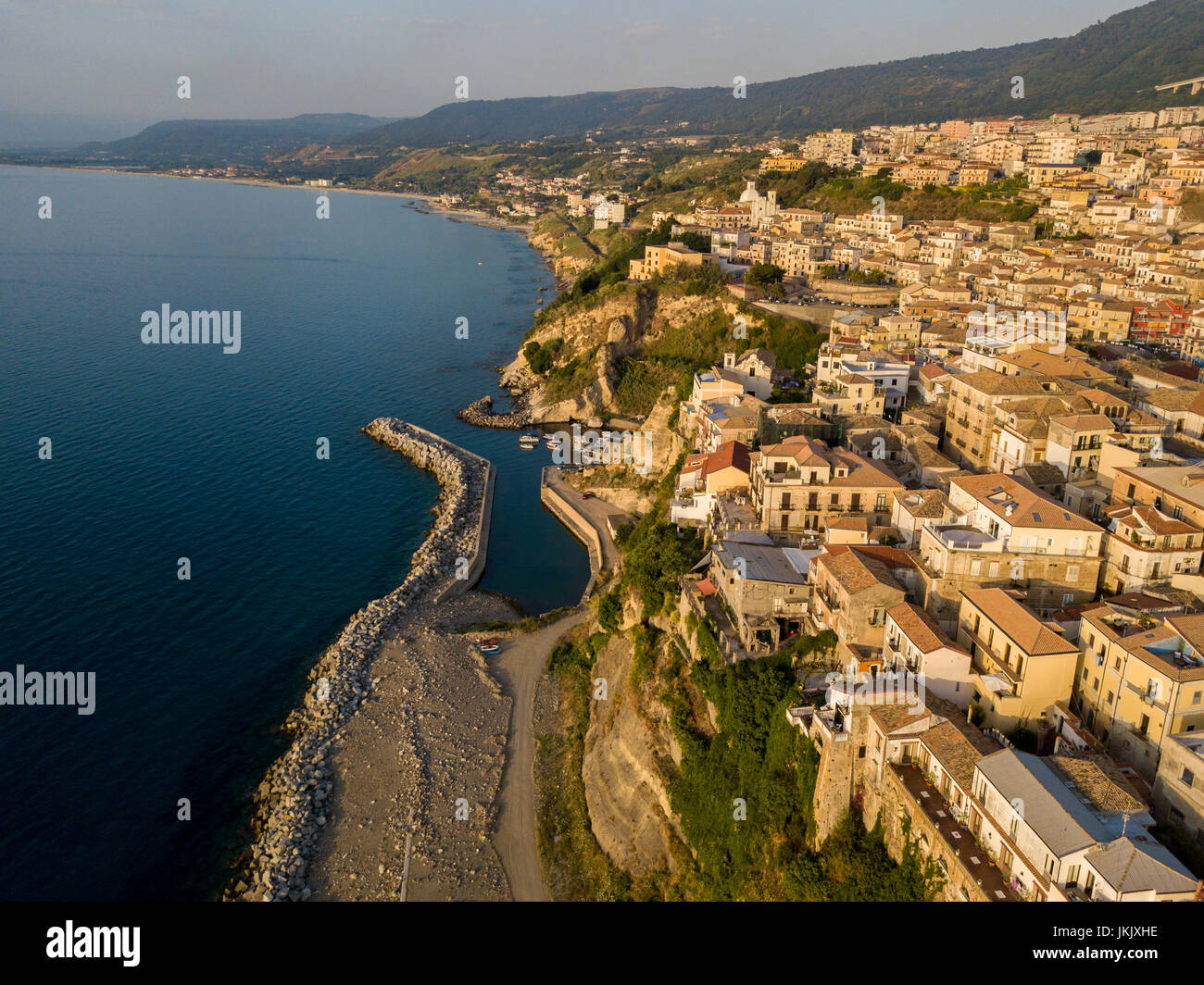 Aerial view of Pizzo Calabro at sunset, Calabria, Italy. Houses on the ...
