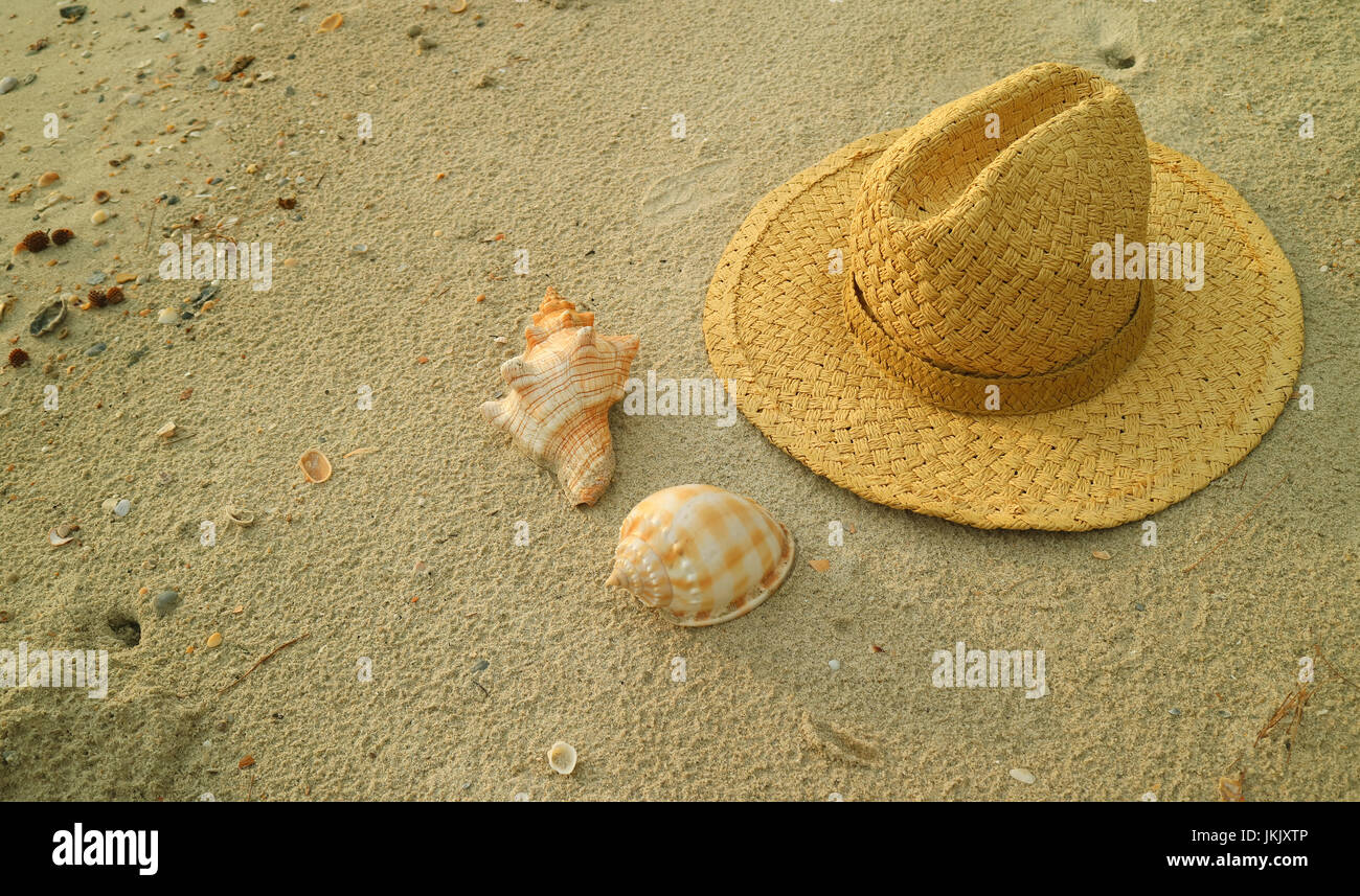 Natural brown straw hat with beautiful natural seashells on the sand ...