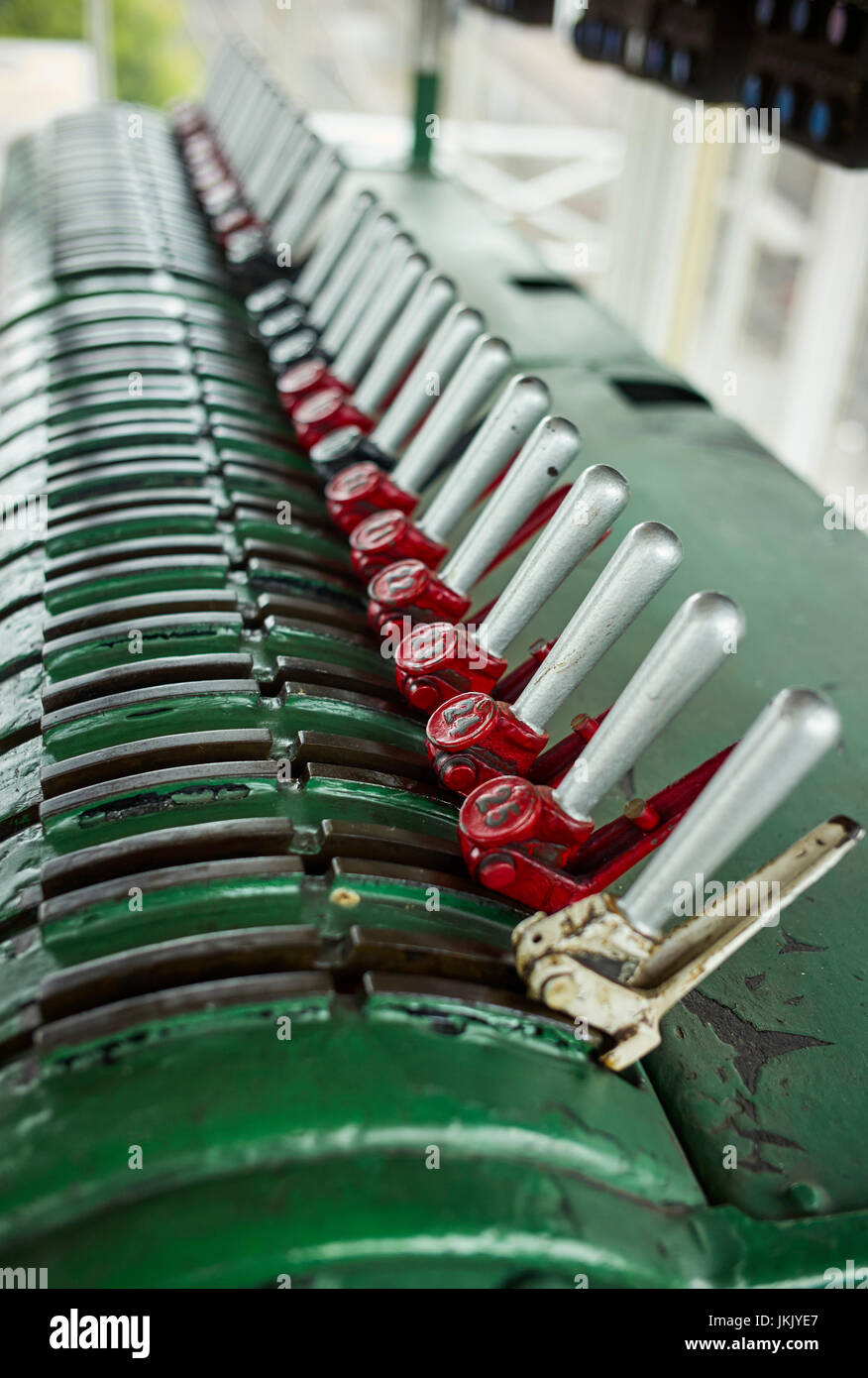 Signal box levers in Crewe heritage centre Stock Photo - Alamy