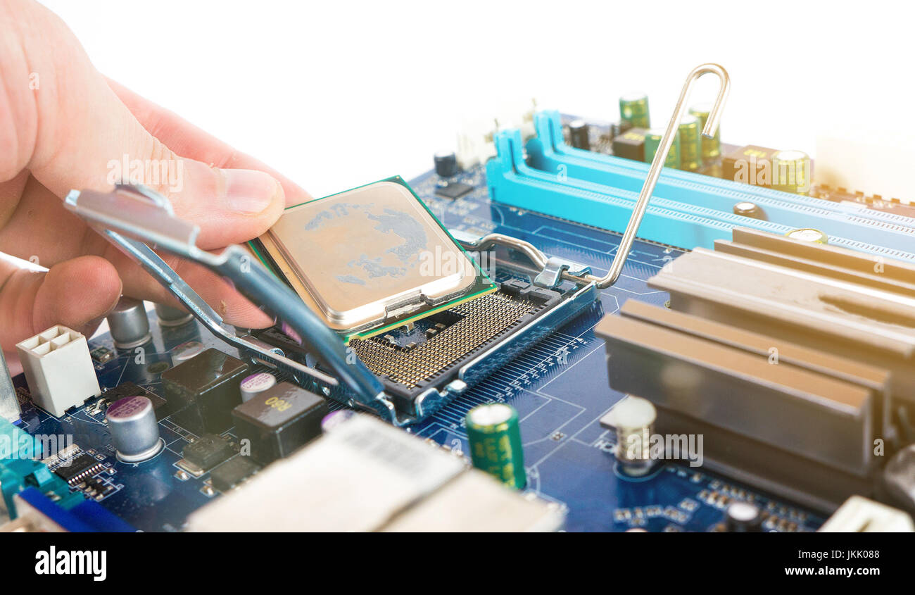 The computer master changes the computer chip, the processor on the ...