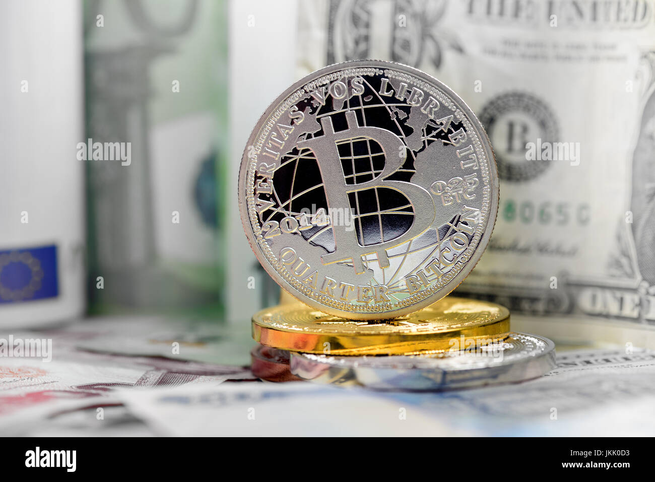 Bitcoin simbol over dollar and euro background Stock Photo - Alamy