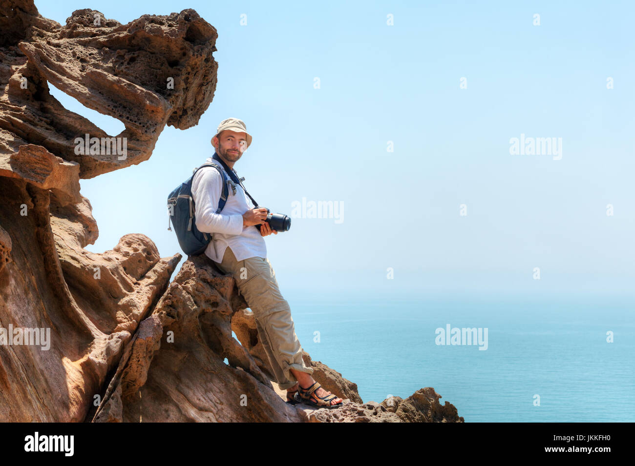Hormuz Island, Hormozgan Province, southern Iran, traveller with camera ...