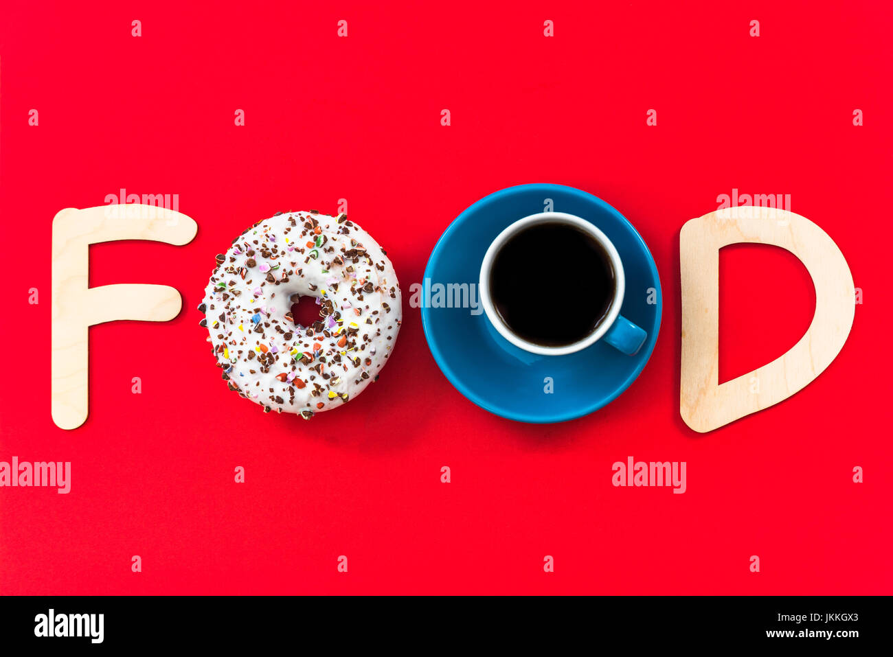 Donut and coffee food text, eating concept Stock Photo - Alamy